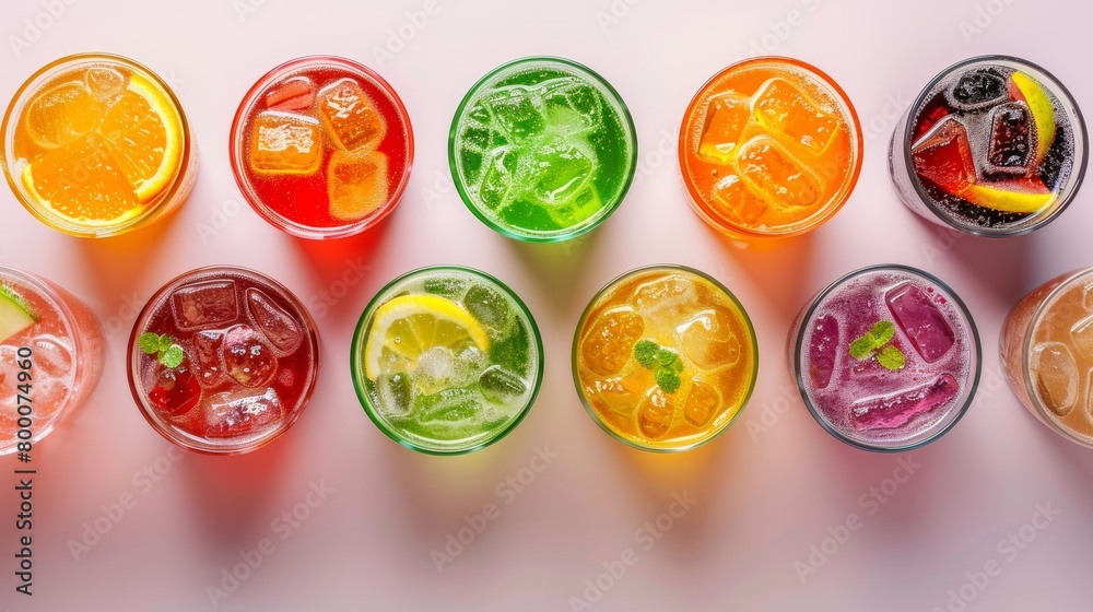 Vibrant top view of diverse soft drinks collection, from classic cola ...