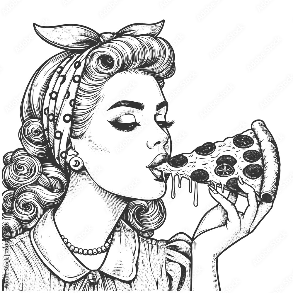 vintage-styled woman eats cheesy slice of pizza sketch engraving ...