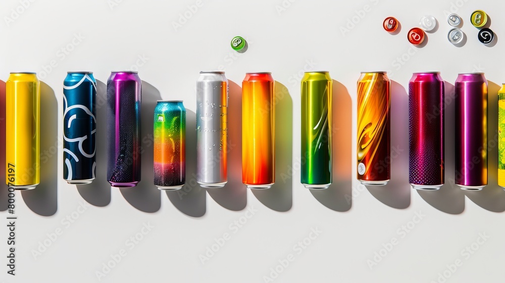 Top view of an assortment of energy drinks, vibrant cans and bottles ...