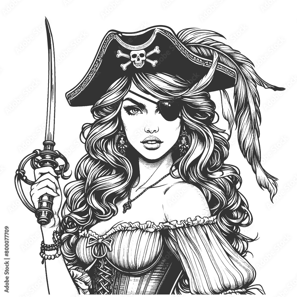 fierce pirate woman in vintage attire wielding a sword sketch engraving ...
