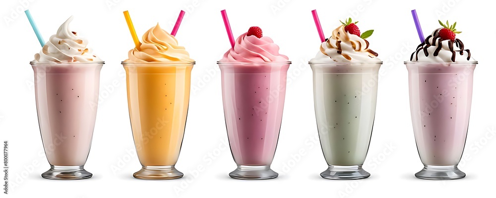 Milkshake Smoothie in cup on White background cutout. Many assorted ...