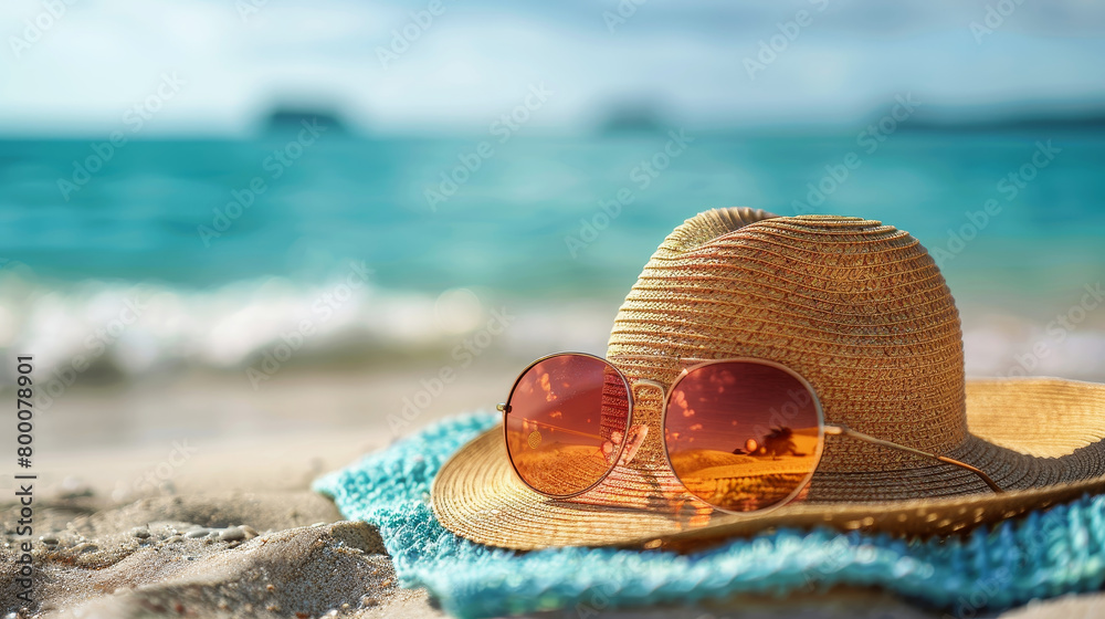 Stylish sun hat and sunglasses on a sandy beach with turquoise ocean in ...