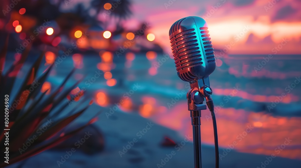 This summer beach party notion depicts an obsolete microphone over a ...