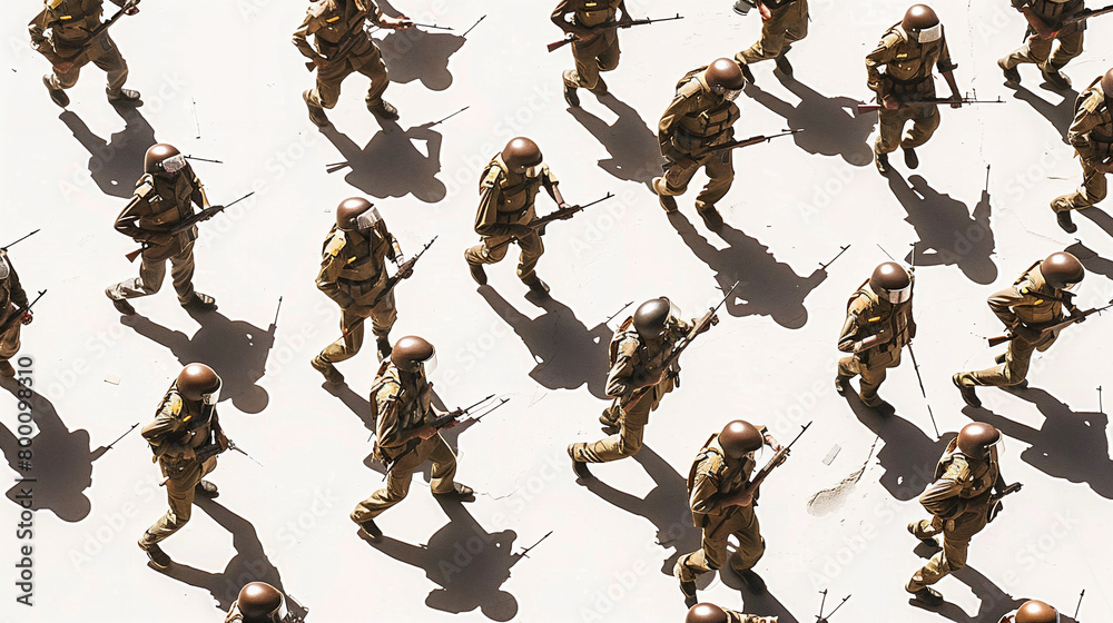 top aerial shot view of armed police wearing brown uniform standing in ...