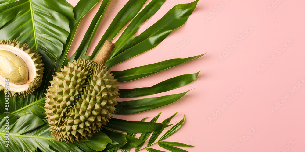 Durian with green leaves on soft pink backdrop with copy space ...