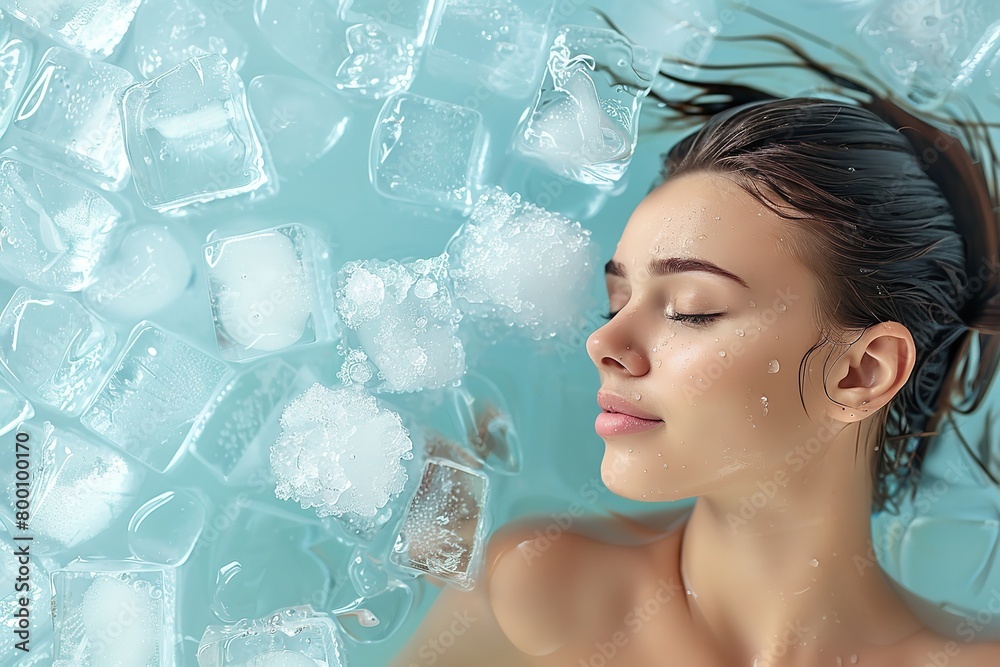 An image of a lady ice bathing in chilly water with ice cubes around ...