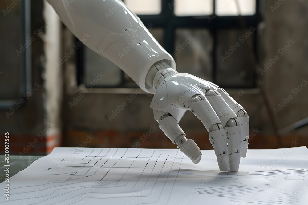 Robot hand working on blueprint at office. Artificial intelligence ...