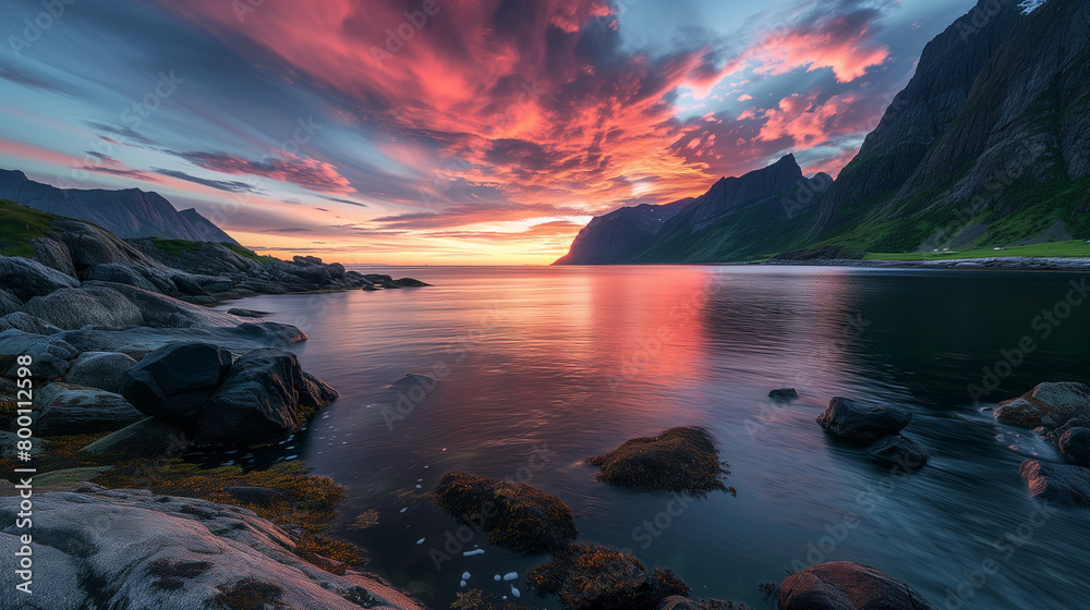 Stunning landscape showcases a sunset sky casting its glow over ...