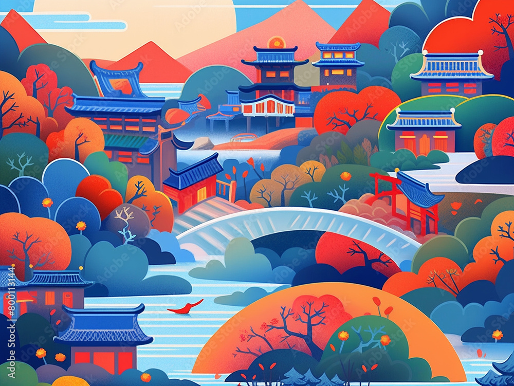 A painting showing a river, Chinese countryside and farms, ancient ...