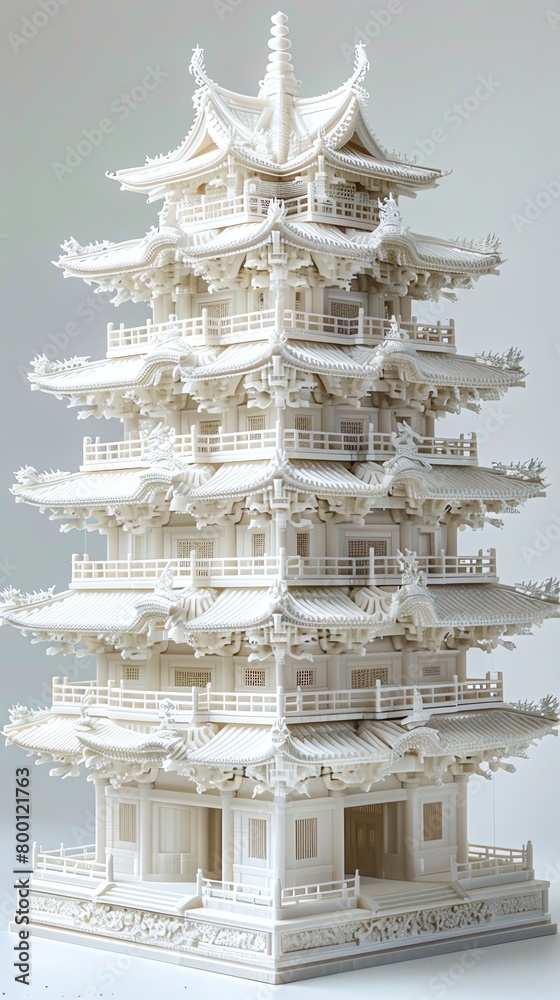 The image shows a model of a nine-story pagoda, which is a type of tall ...