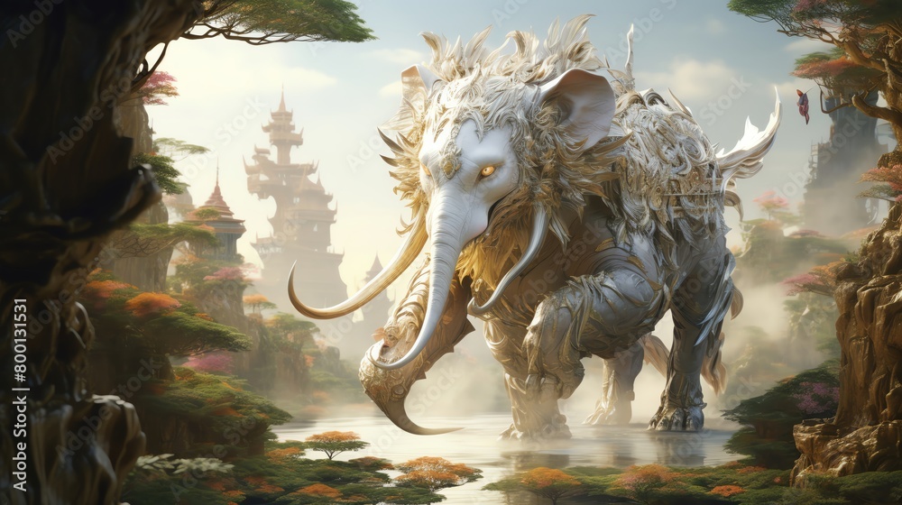 Artistic 3D animation of a Singha gracefully moving through a mythical ...