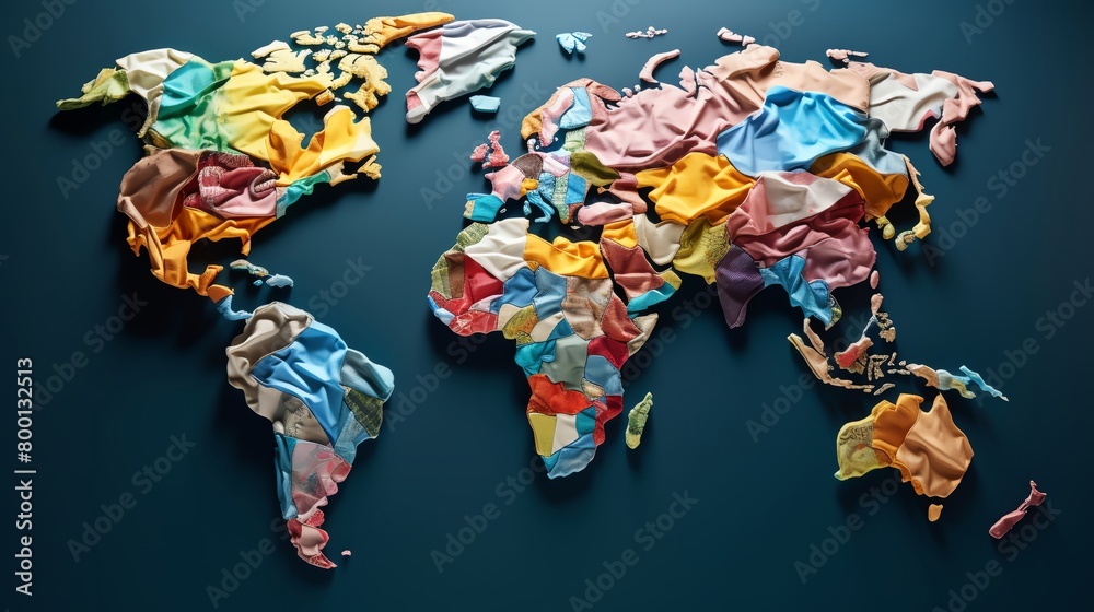 Vibrant 3D artwork of a world map made from various currencies ...