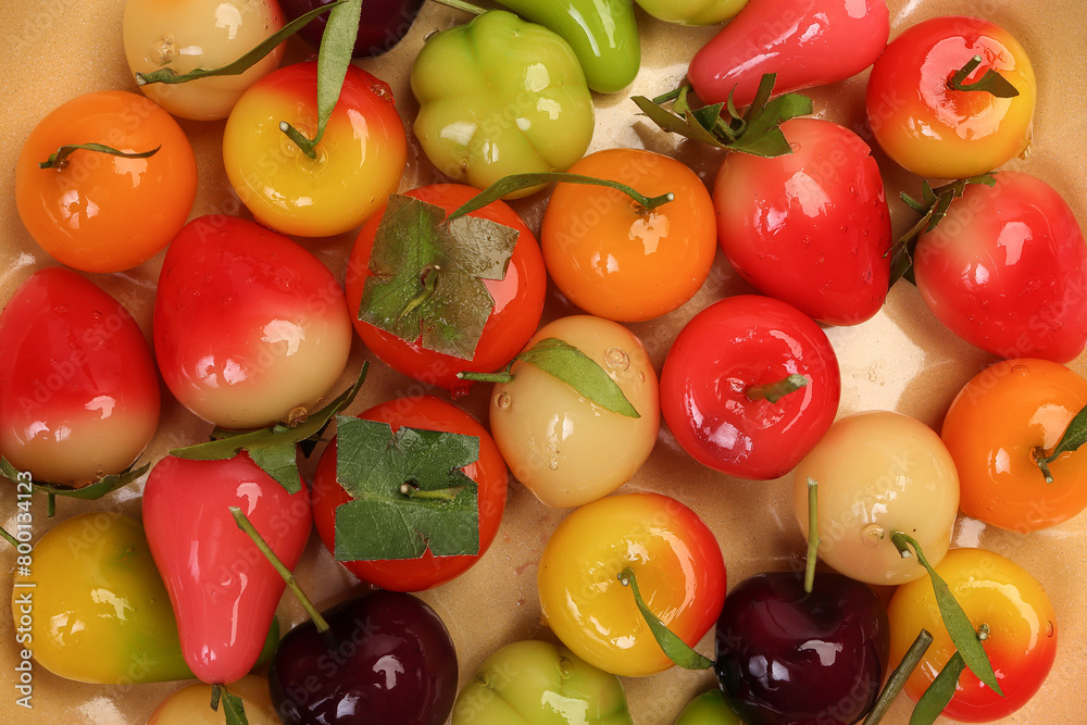 Colourful fruit and vegetable shaped beautiful Thai sweet mung bean ...