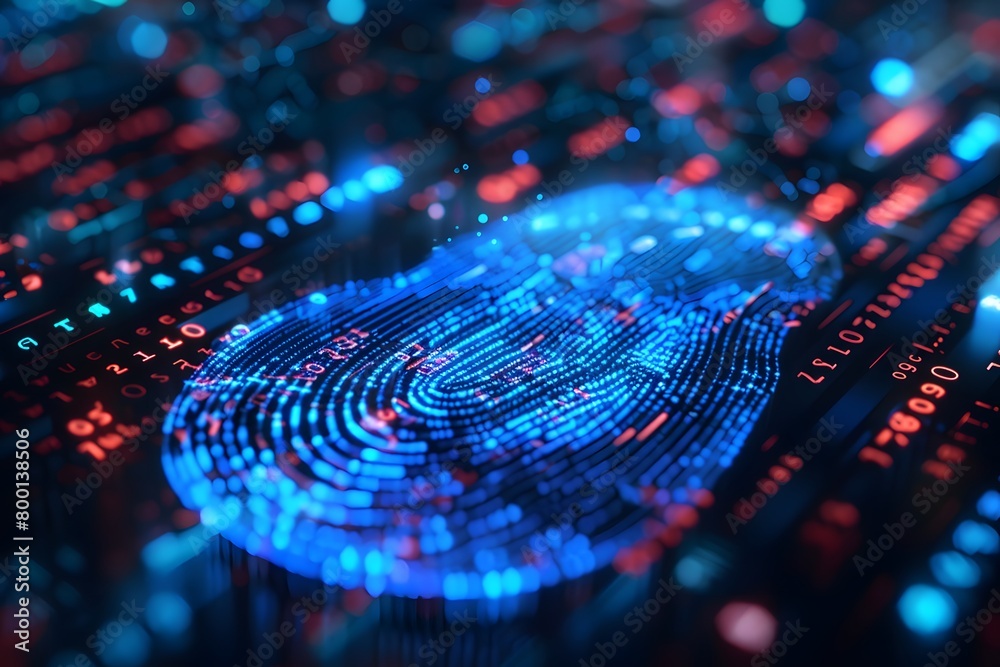 A digital fingerprint comprised of blue and red binary code ...