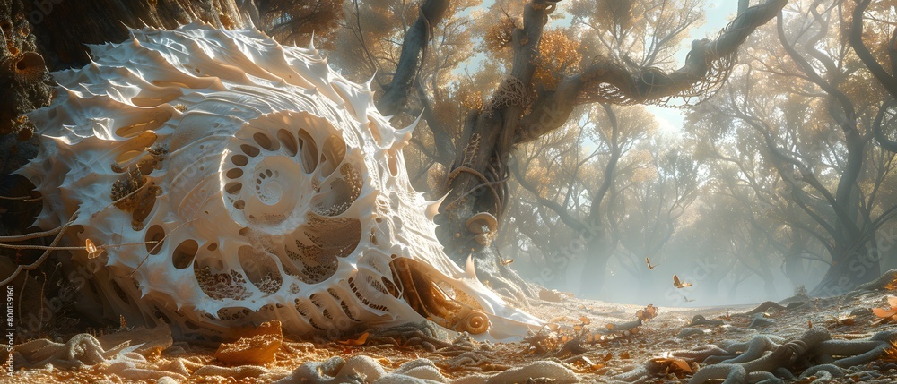 A surreal scene of a giant seashell emerging from the earth, its ...