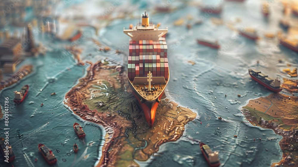 Container ship model on world map, transcontinental transportation or ...