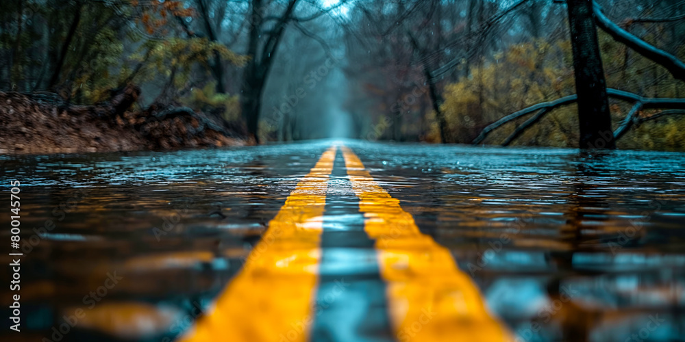 Ground-level view of a wet road glistening after the rain in a lush ...