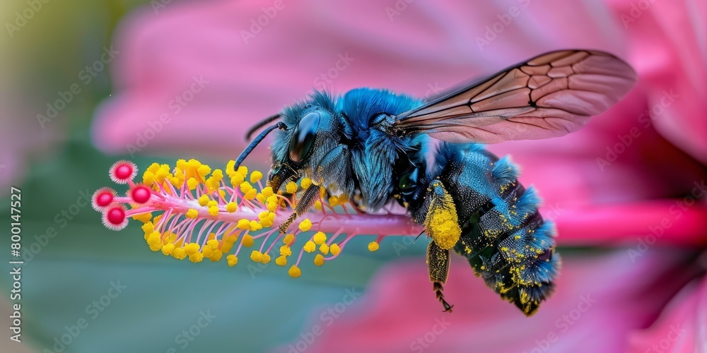 Violet carpenter bee (Xylocopa violacea) covered with pollen in flight ...