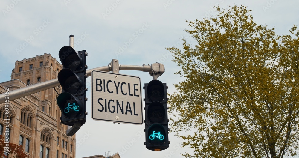 Urban bike signal turns green, inviting cyclists to go clear, vibrant ...