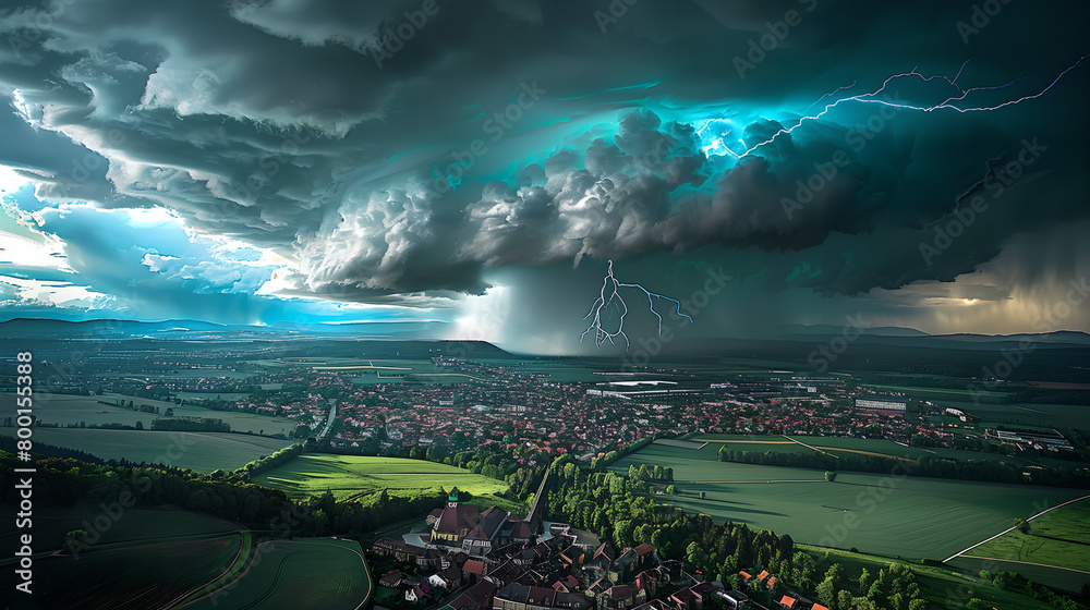 an aerial view of a massive thunderstorm engulfing the landscapes of ...