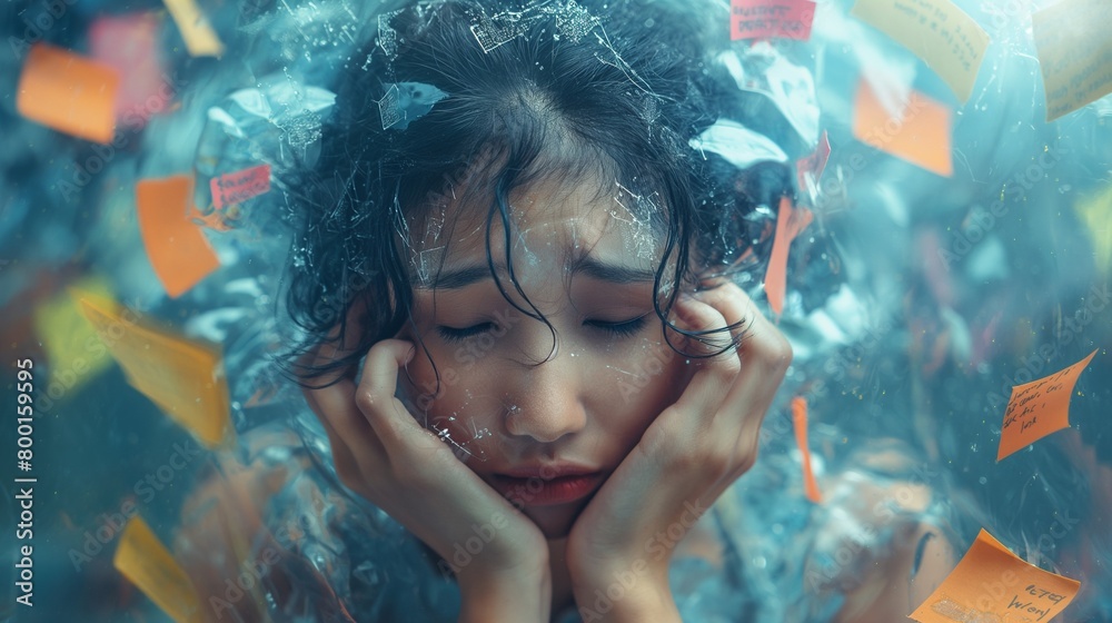 Woman's overwhelm evident amidst sticky notes and scribbles, denoting ...