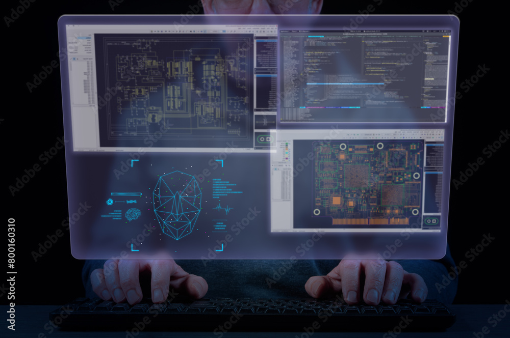 Man's hands on keyboard and virtual screen with Computer Aided Design ...