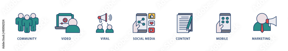 SMM icons set collection illustration of community, video, viral ...