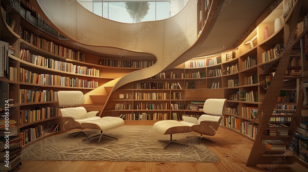 A modern library design featuring built-in bookshelves and cozy reading ...