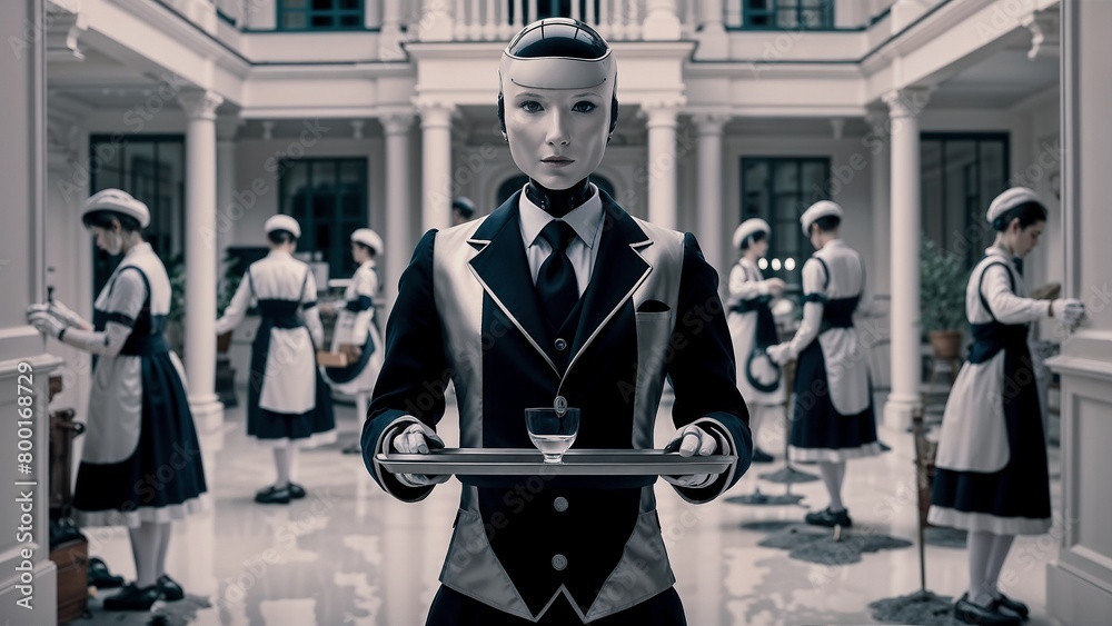 Robot in a uniform serving tea amidst human staff, illustrating the ...