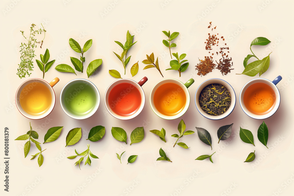 Illustration of row cups with varieties types of tea Stock Illustration ...