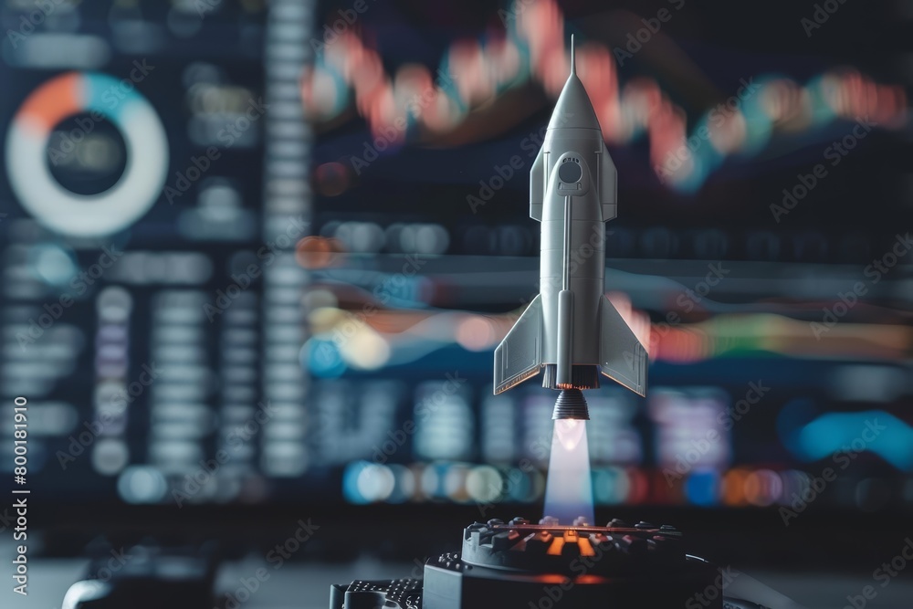 A rocket launching from a computer screen. The rocket is in the center ...