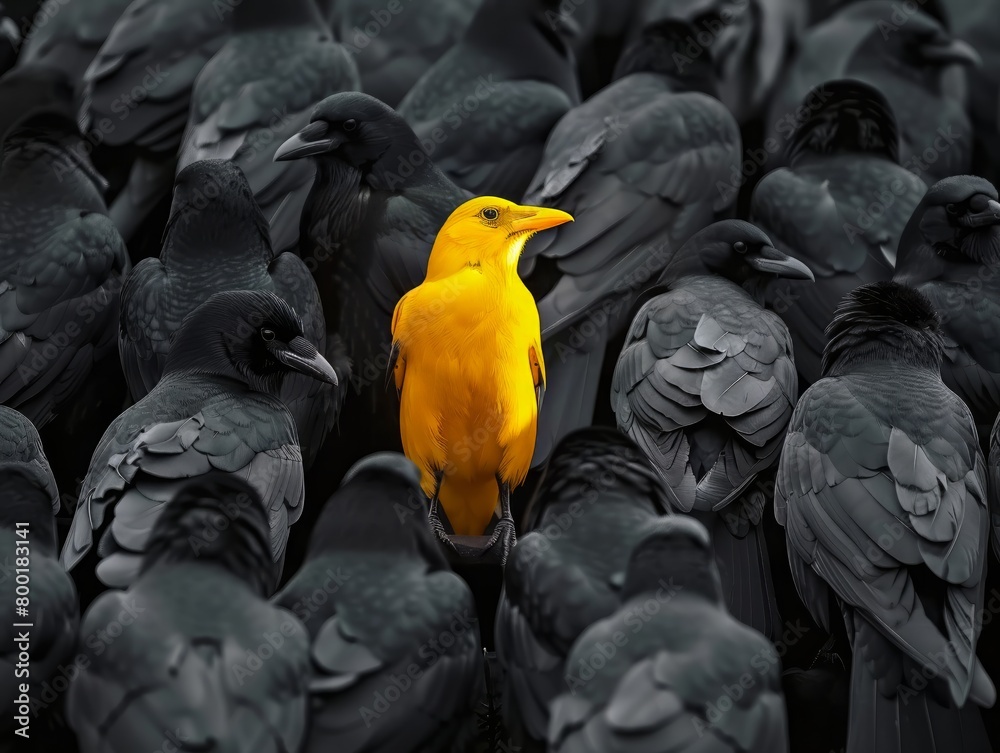 Unique yellow crow among many black, symbolizing standout leadership ...