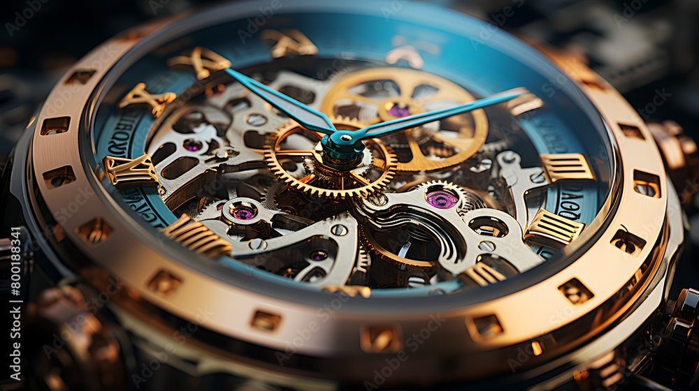 mechanical watch, inside mechanical structure, full details, top-down ...