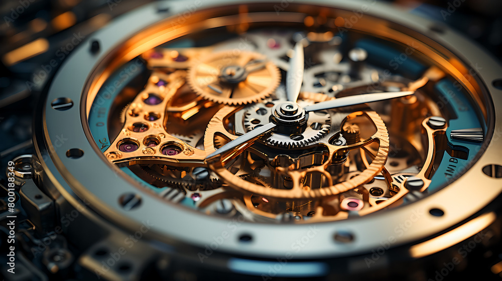 mechanical watch, inside mechanical structure, full details, top-down ...