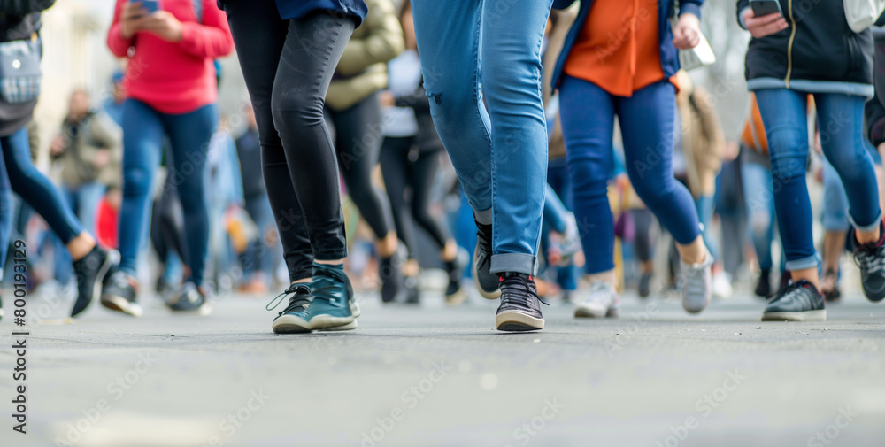 A crowd of people walking on the sidewalk, some holding phones and ...
