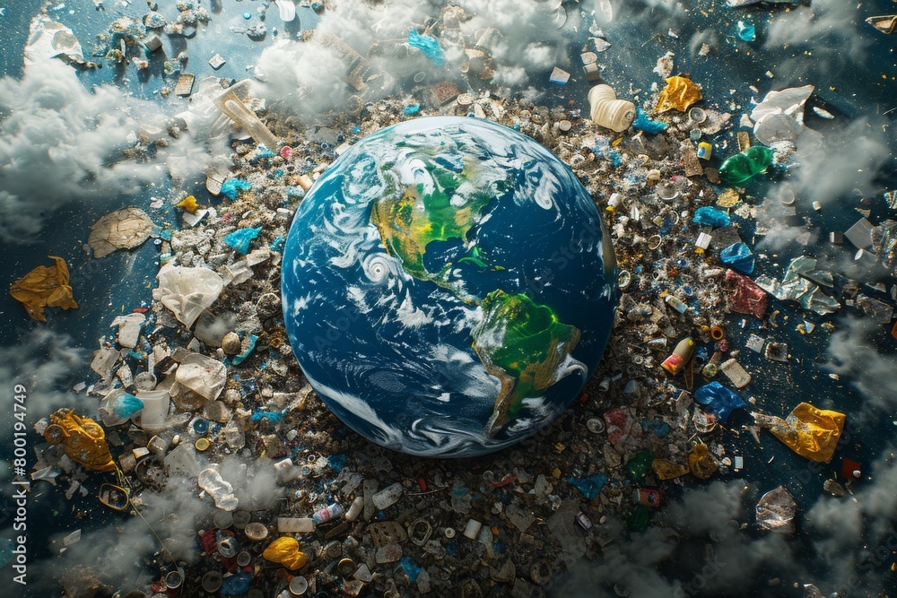 Realistic portrayal of Earth drowning in trash, symbolizing the urgency ...