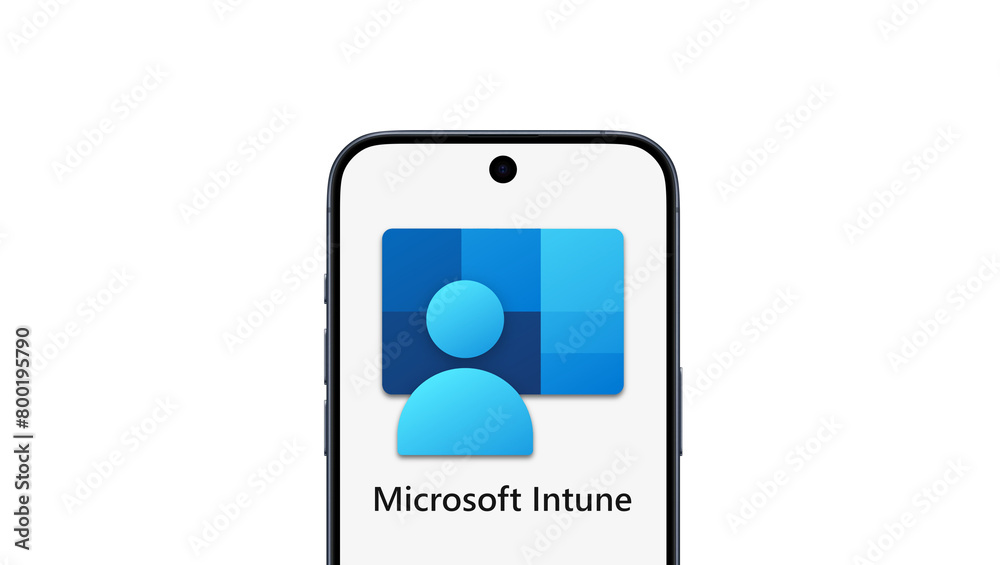 Microsoft Intune logo displayed on a modern smartphone, white ...