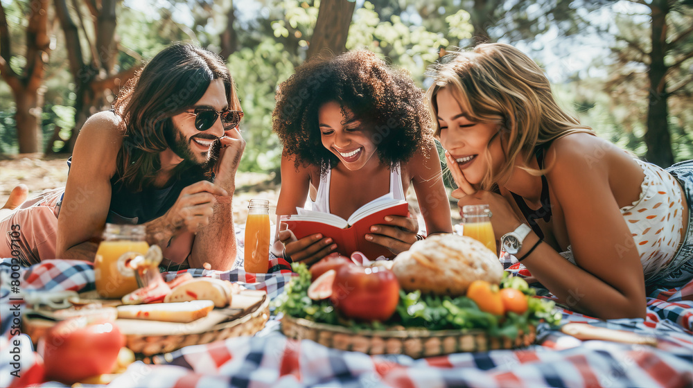 Happy young multiracial people having fun during pic nic day in nature ...