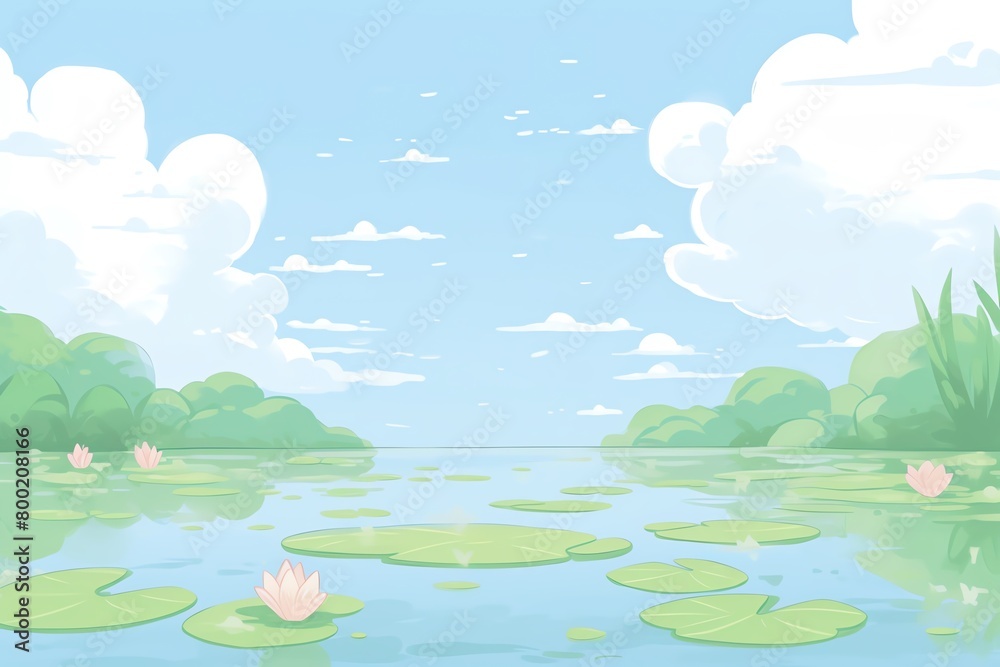 A peaceful pond reflecting the sky above, bordered by weeping willows ...