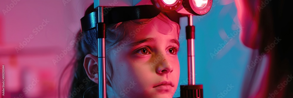 Child having his eyes checked with ophthalmic equipment. Child, eye exam and optometry for ...