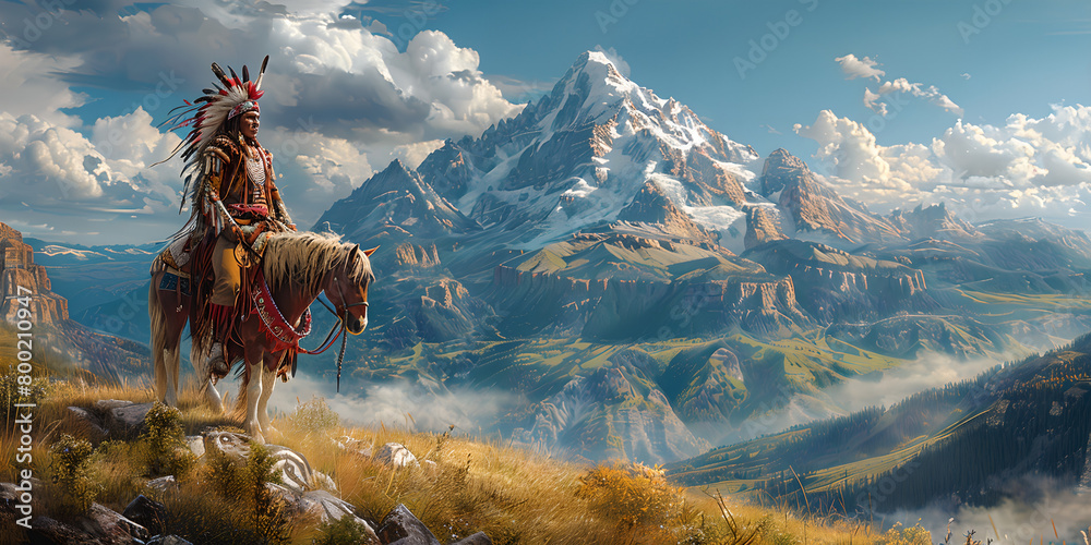 stoic Comanche Indian on a strong steed with a detailed headdress as he ...