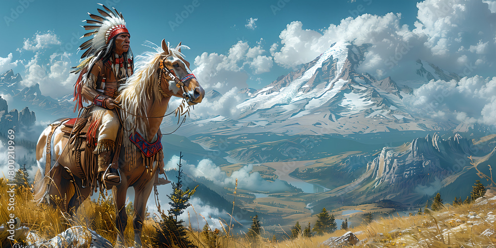 stoic Comanche Indian on a strong steed with a detailed headdress as he ...