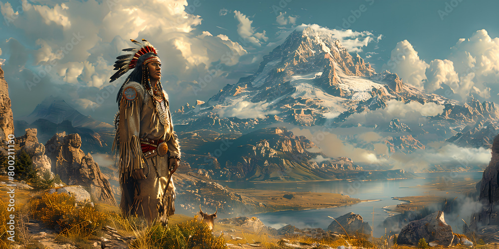 stoic Comanche Indian on a strong steed with a detailed headdress as he ...