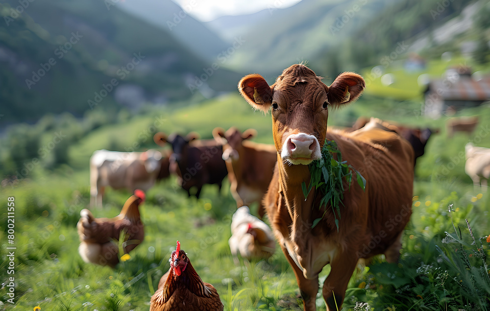 an ultra realistic photography of group of cows are grazing on a green ...