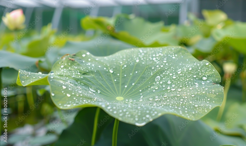 large water droplets and dewdrops on the lotus leaf, focus on the lotus ...