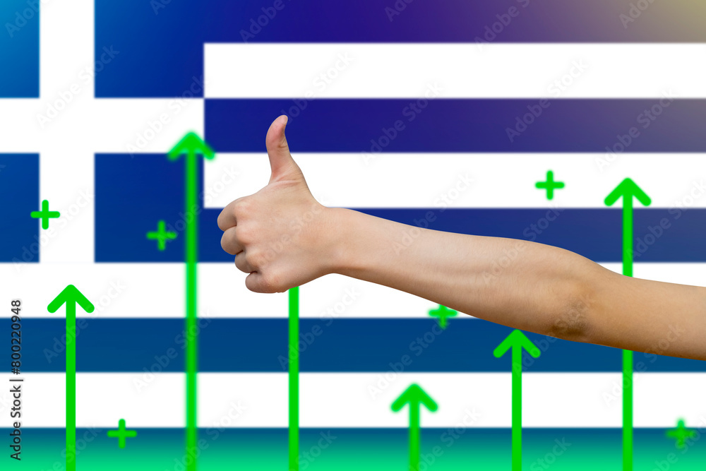 Greece flag with green up arrows, finger thumbs up front of Greece flag ...