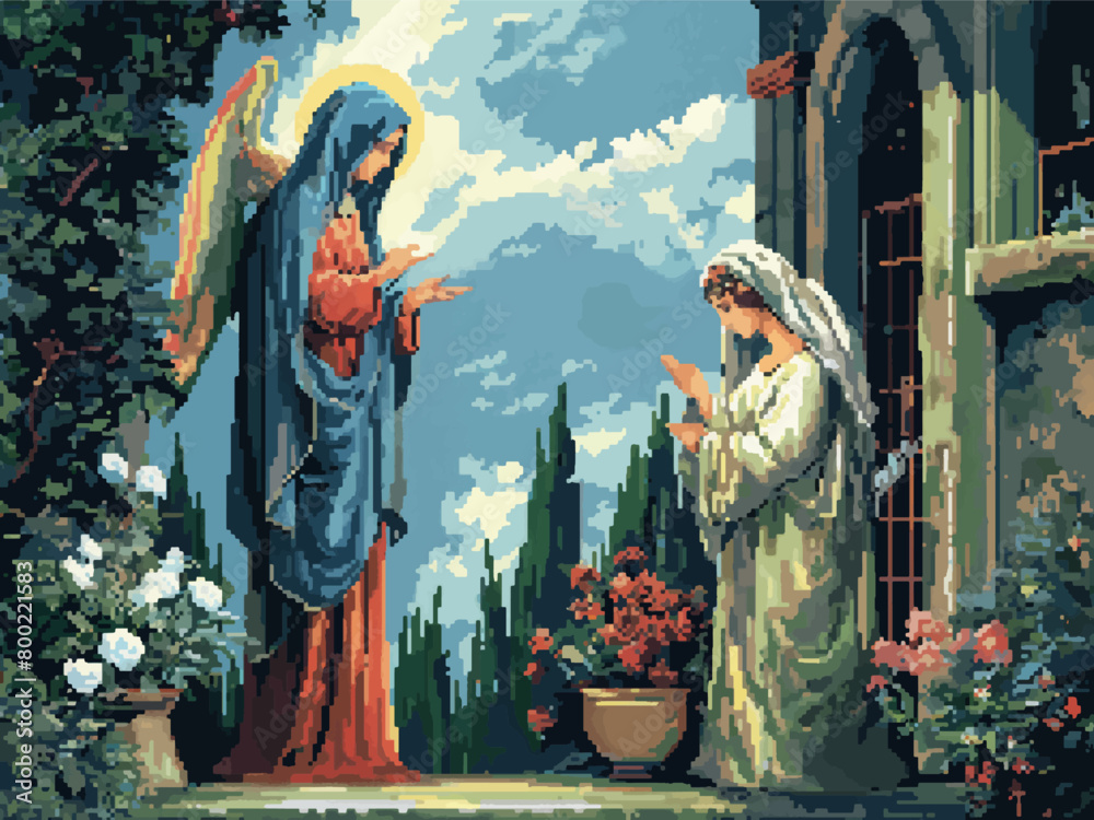 The annunciation of Mary in the style of colorful pixel-art, manga ...