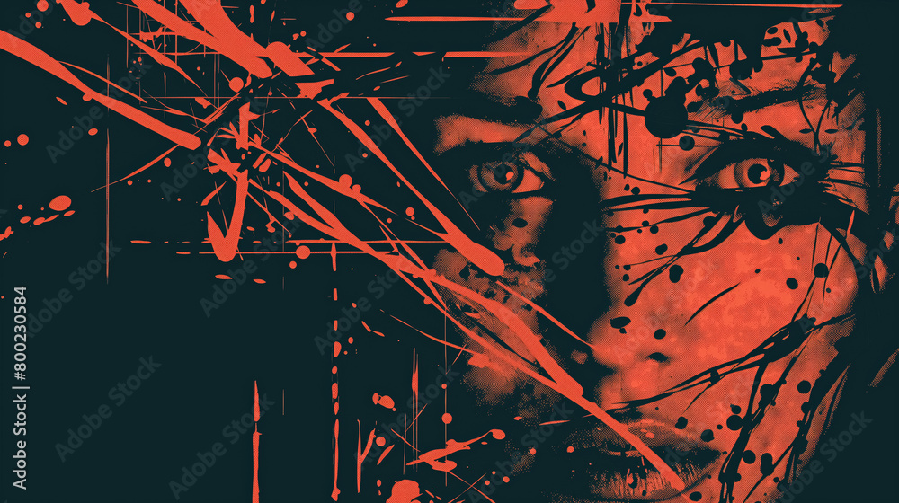 Abstract face partially obscured by black paint splatters, creating a ...