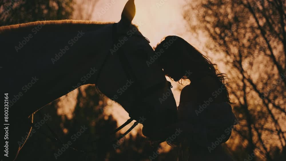 dark shadow unrecognizable silhouette of woman with horse. Fantasy ...