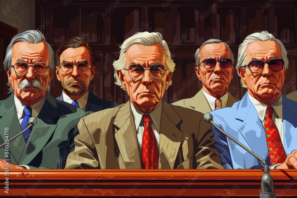 A detailed digital illustration featuring a group of male lawyers in a ...